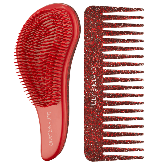 Detangling Hair Brush & Comb Set - Red Glitter | Lily England UK
